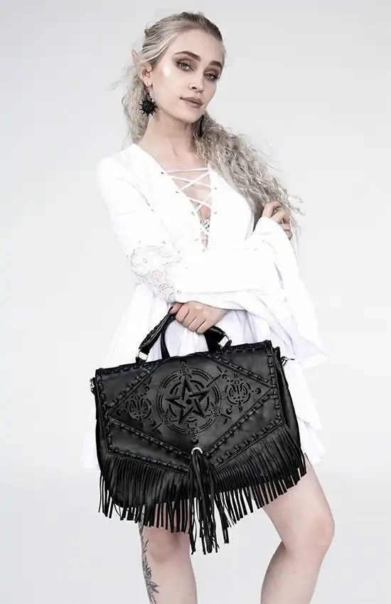 Black gothic satchel with fringe, laser cut pentagram, alchemical ...