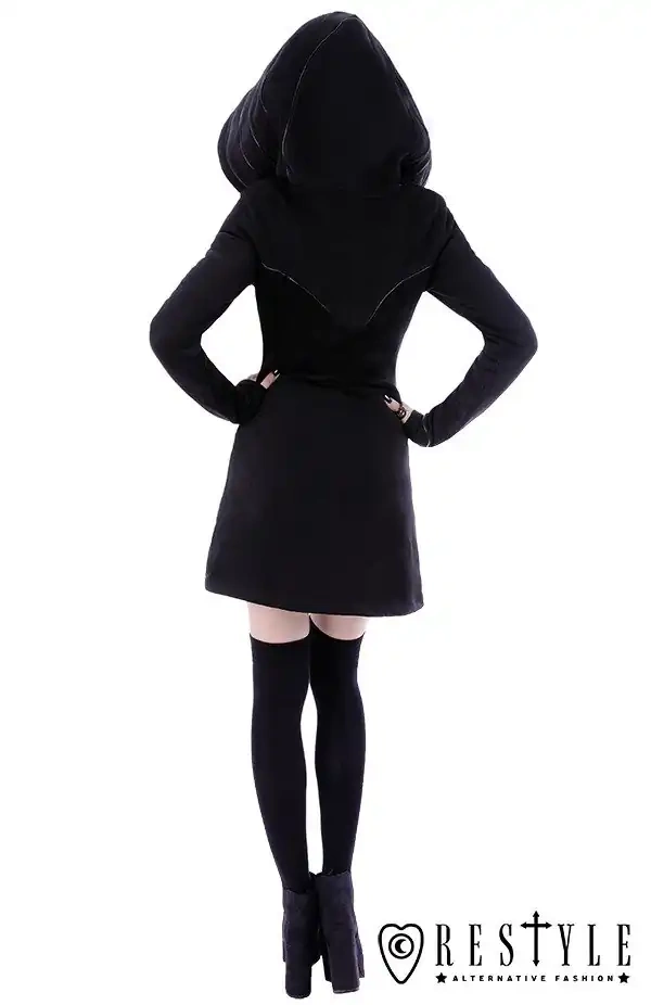 Long jacket with oversized hood, black riding hood, moon "LAYERED ...