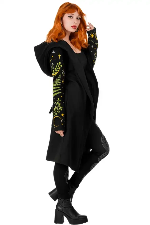 Long pagan HERBAL Hoodie with fern and crescent oversized hood - Restyle