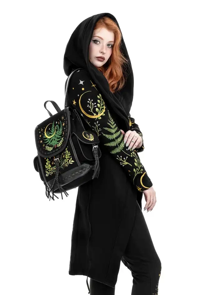 Long pagan HERBAL Hoodie with fern and crescent oversized hood - Restyle